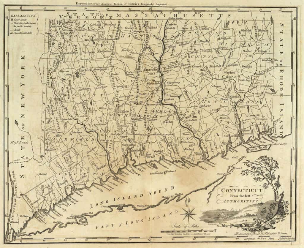 Old Historical City, County and State Maps of Connecticut