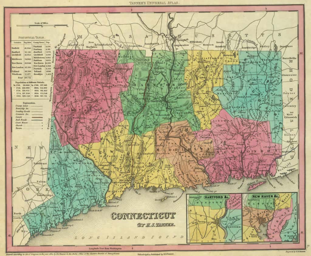 Old Historical City, County and State Maps of Connecticut