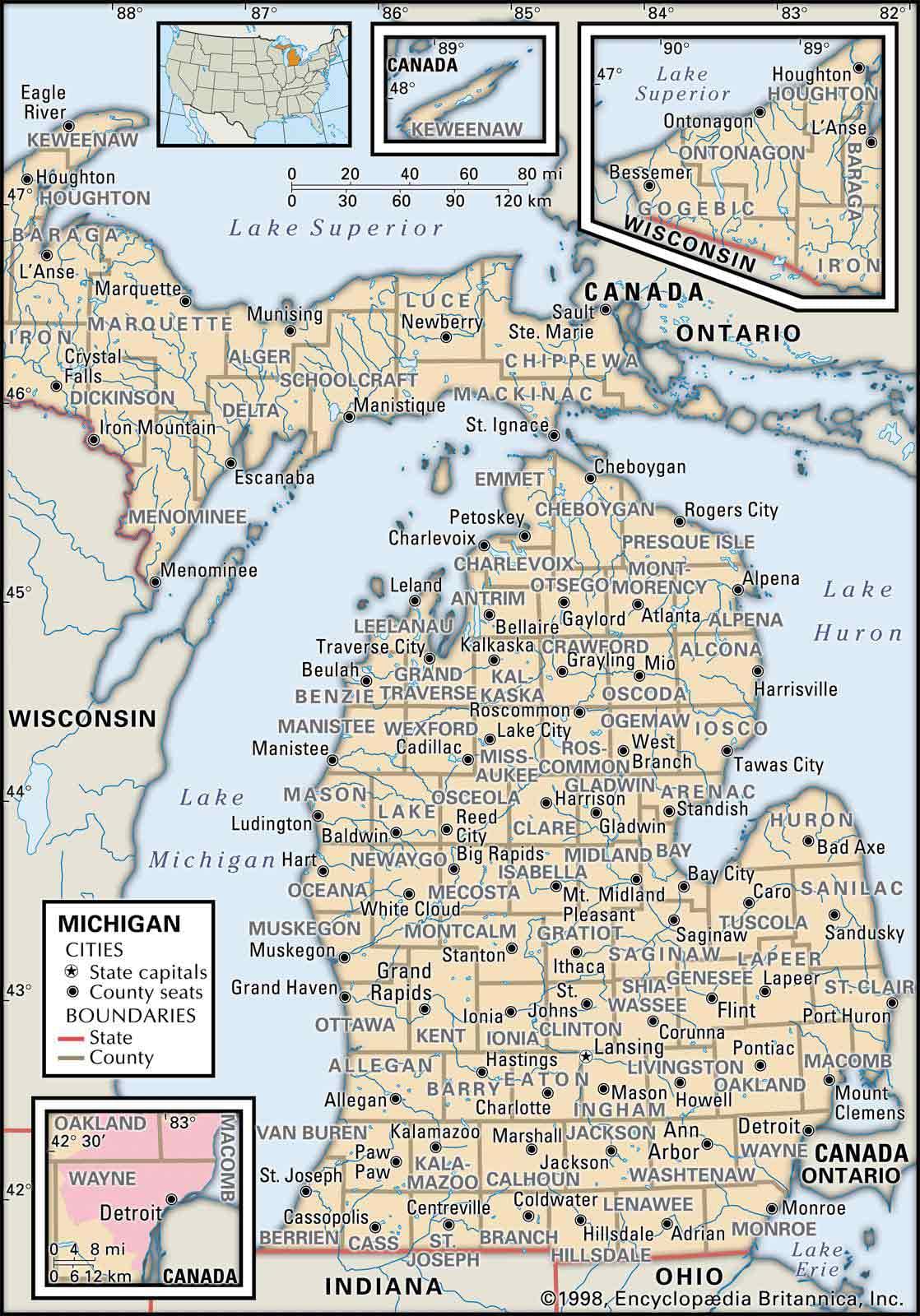 Old Historical City, County and State Maps of Michigan